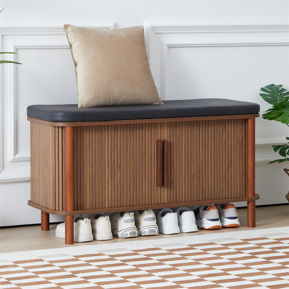 Modern Shoe Storage Bench with Leather Cushion and Sliding Door – GiraTree